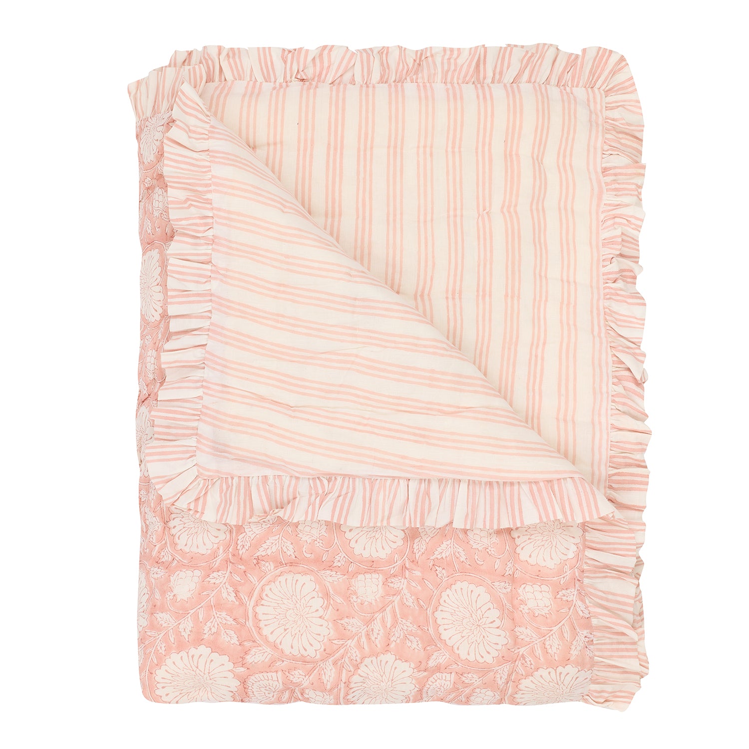 Marigold stripe ruffle quilt in dusty pink | block print cotton quilts ...